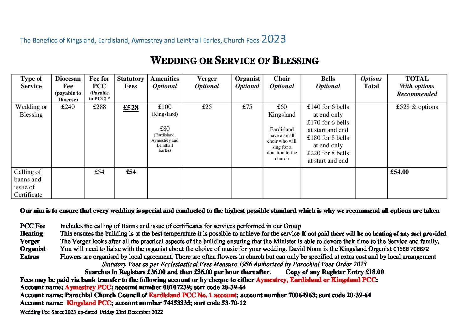 Wedding Fee Sheets 2023 | Kingsland Church